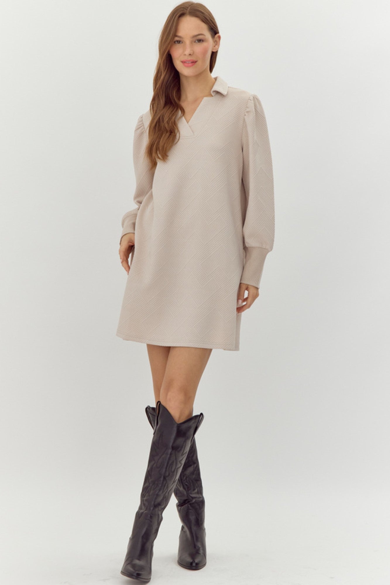 Textured Collared Neck Dress W/Bubble Sleeves - Jodifl - Lush Lemon