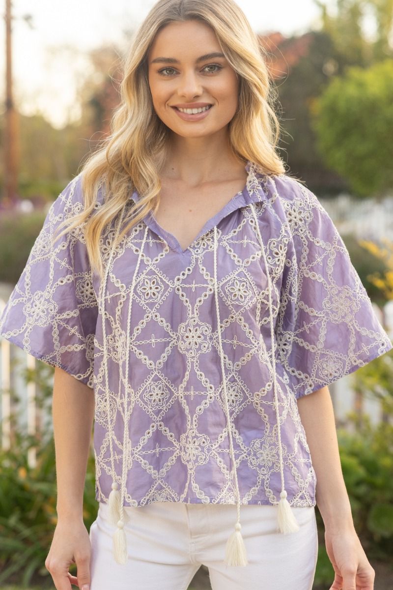 Embroidered Eyelet Tassel Top - Voy - Lush Lemon